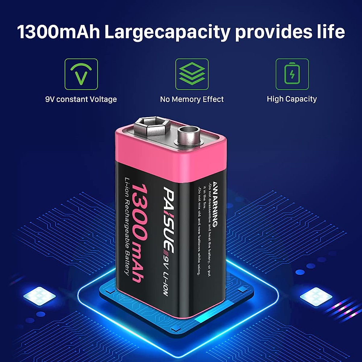 9V Rechargeable Batteries, 1300mAh High Capacity Lithium-ion Long Lasting 9 Volt Batteries with 2 in 1 USB C Fast Charging Cable for Smoke Alarms,Microphone,Multimeters,Toys,Game Controllers (2 Count)