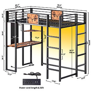 LIKIMIO Twin Metal Loft Bed with Desk and Shelves for Teens Adult, Loft Bed Frame with 2 Built-in Ladders, Power Outlet and LED Lighted, Space-Saving, Safety Guard & Ladder, Noise Free, Black