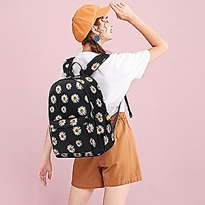 Yusudan Floral School Backpack for Girls Women, Flower Teens School Bags Bookbags Ladies Laptop Backpacks (Daisy Black)