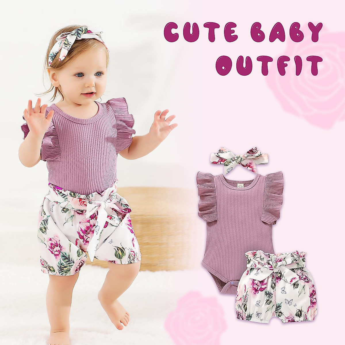 Tiny Cutey Baby Girl Clothes Infant Summer Outfits Set Ruffle Sleeve Romper and Floral Shorts with Headband (Sleeveless Purple, 90, 12_months)