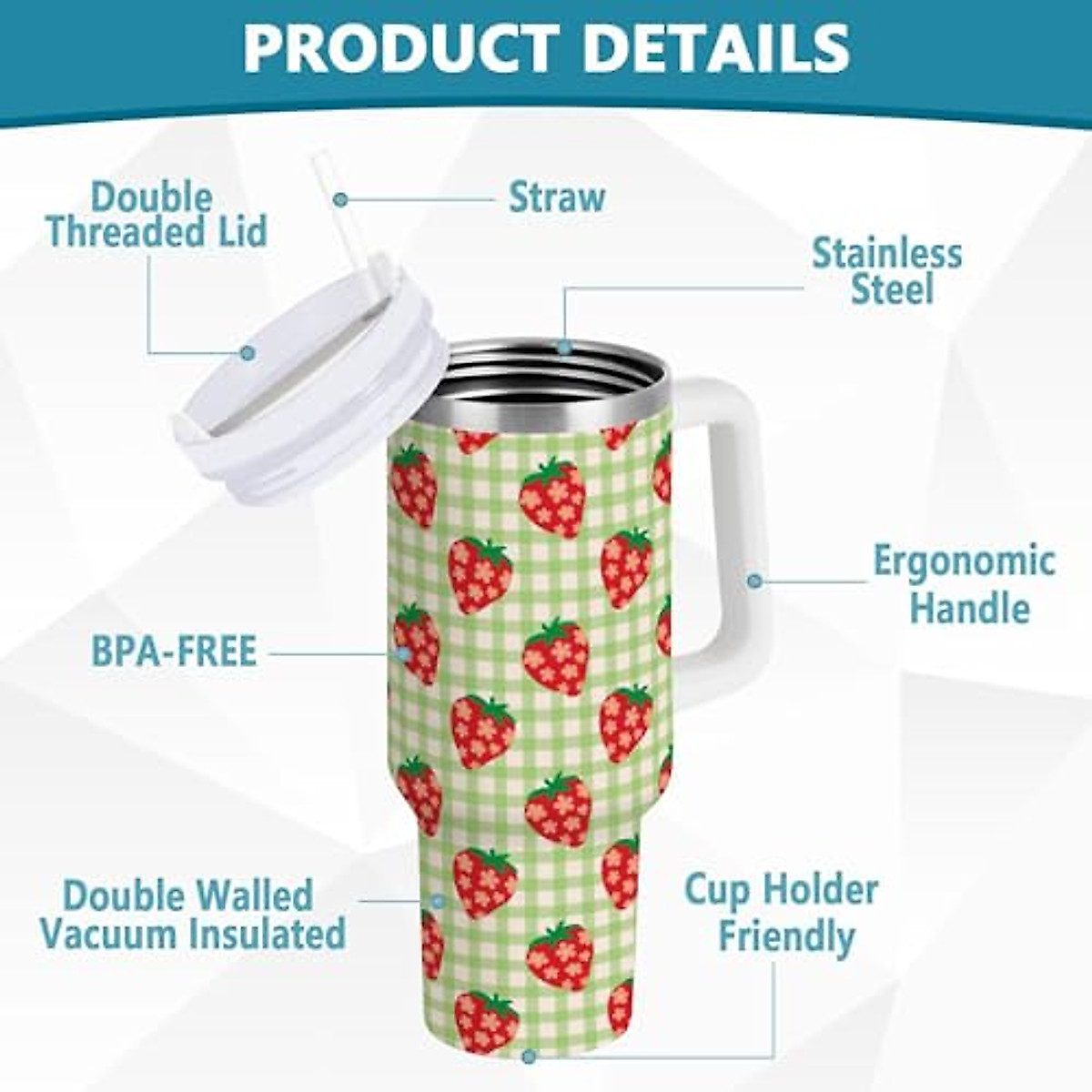 Green Gingham Strawberry Daisy Tumbler with Handle and Straw Lid, 30 oz Insulated Coffee Cup Stainless Steel Water Bottle Travel Mug Cupholder Friendly,Gifts for Women Men