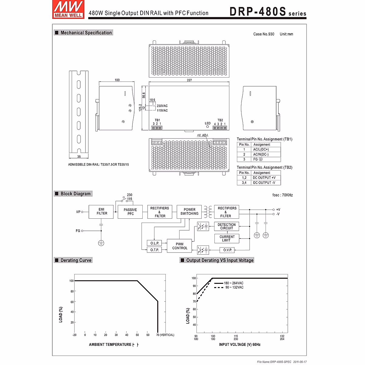 MW Mean Well DRP-480S-48 48V 10A 480W Single Output Industrial DIN Rail with PFC Function Power Supply