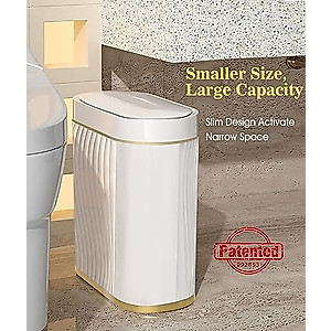 GloDeals Bathroom Trash Can with Lid Automatic Garbage Can, 2 Gallon Slim Smart Trash Can, Small Plastic Trash Bin, Touchless Motion Sensor Trash Can for Bedroom, Bathroom, Office (Cream/Gold Trim)