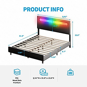 Mjkone Queen Size Bed Frame, LED Bed Frame with Smart RGB LED Light Bar, Works with Alexa or Apps, Platform Bed with Adjustable Lighting, Upholstered Bed Frames with Headboard, No Mattress, Black