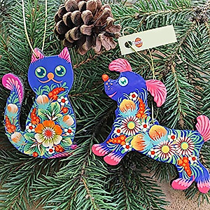Funny Pets Christmas Decorations Cat and Dog Christmas Tree Ornaments Set 2 pcs Wooden Hand-Painted 3.3 x 2.8 x 0,2 inches. Children Animal Christmas Tree Ornaments Ukrainian Folk Art (Blue)