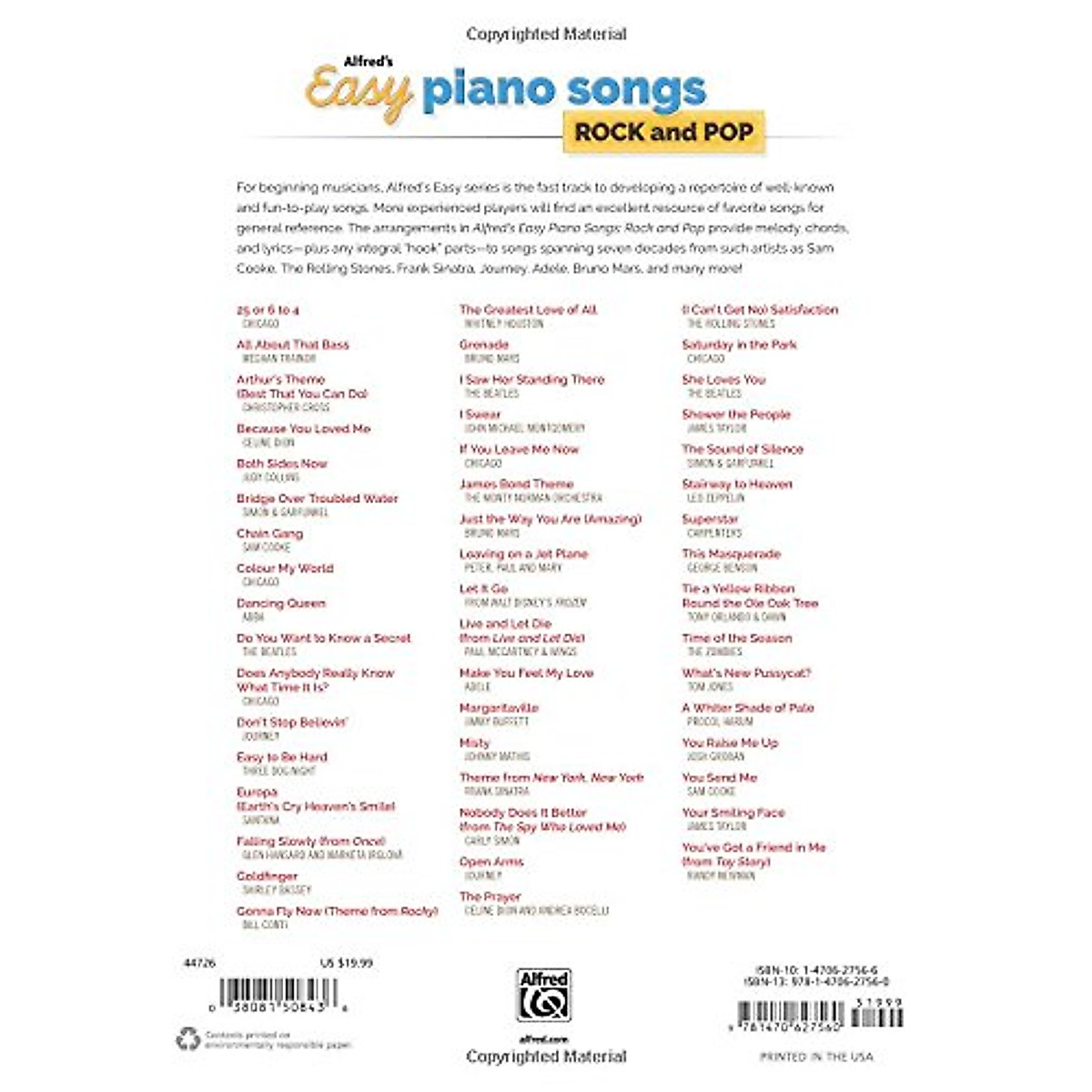 Alfred's Easy Piano Songs -- Rock & Pop: 50 Hits from Across the Decades