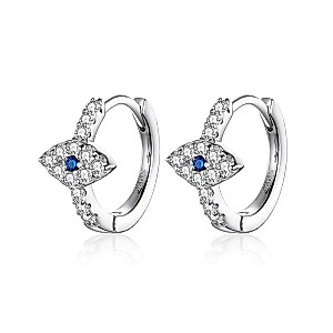 Blue Crystal Evil Eye Tiny Round Hoop Earrings Sterling Silver 14k Gold Plated Dainty CZ Small Hinged Huggie Endless Hoops for Women Daughter(Silver)