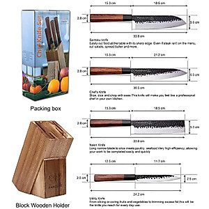 FAMCÜTE Japanese Chef Knife Set, 3 Layer 9CR18MOV Clad Steel w/Rosewood Handle and Block Wooden Holder for 4PCS Kitchen Knife Set (8” Gyuto Knife, 7” Nakiri Knife, 7” Santoku knife, 5” Utility knife)