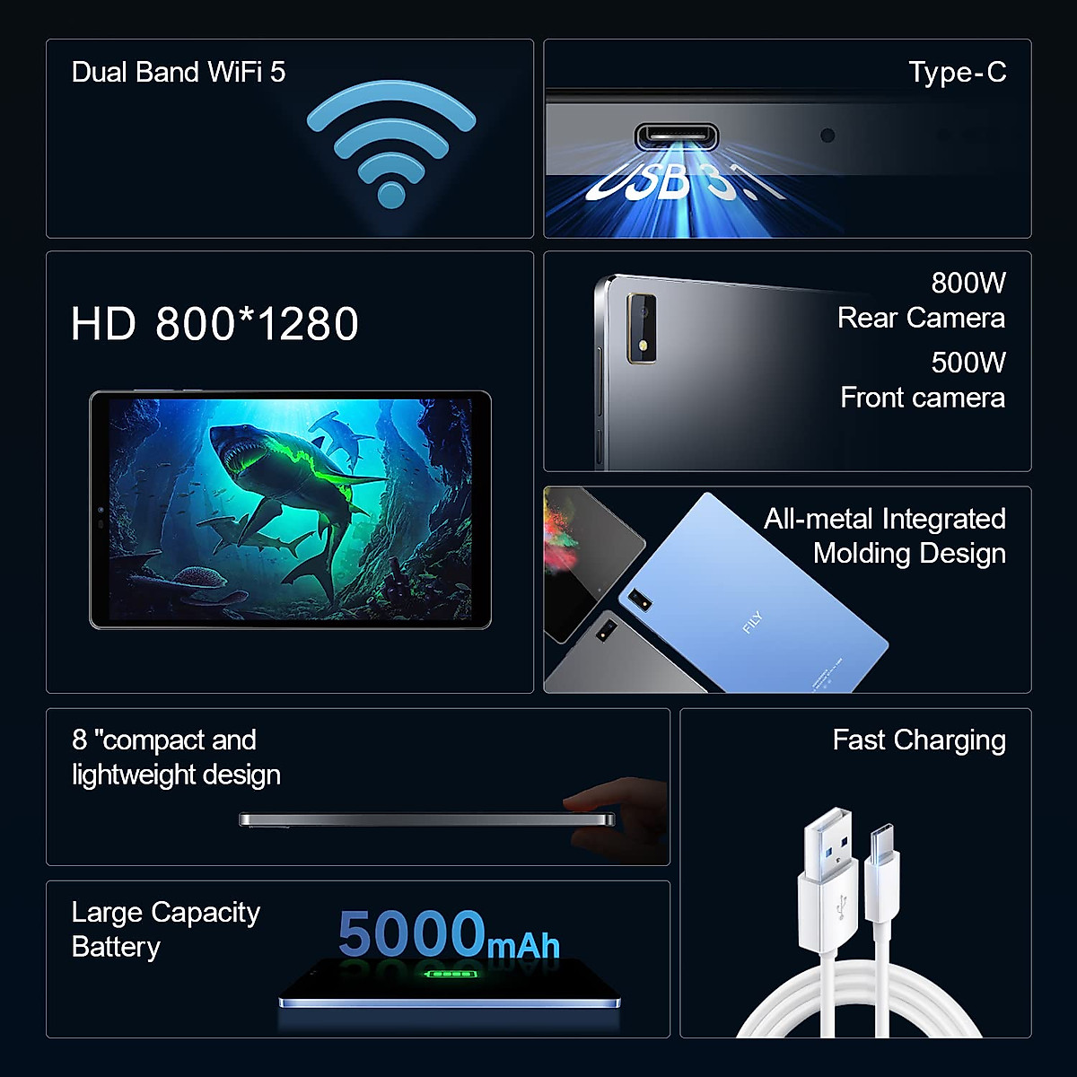 FILY F8 Android12 Tablet, 8 inch Tablet, 4GB+128GB Storage, Quad-Core Processor, 2.0Ghz, Full Metal Cover, Bluetooth5.2, Google GMS Tablet, 5G/2.4G Wi-Fi, HD Touch Screen, USB-C Fast Charge (Blue)