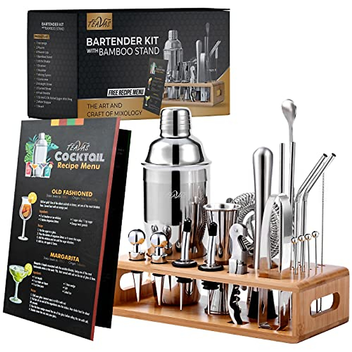 TEAVAS Mixology Bartender Kit with Bamboo Stand and Japanese Jigger | 25-Piece Bar Set Professional Stainless Steel Bar Tools | Cobbler Cocktail Shaker Set | Recipe Menu | Barware Present Gift