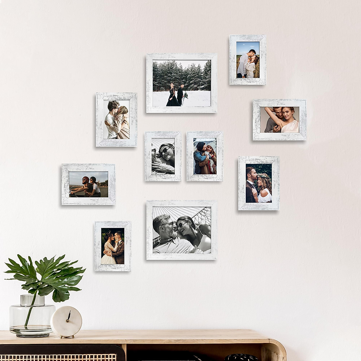 iRahmen Picture Frames 10 Pack, Gallery Wall Collage frame with Two 8x10, Four 5x7, Four 4x6, Photo Frame set for Hanging or Tabletop Display, Real Glass, Distressed White