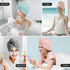 TENSTARS 5 Pack Thicken Microfiber Hair Towel Wrap for Women - Elastic Loop Design - 320GSM Coral Velvet - Quick Dry Hair Turban - 11x28 Inch (Grey+Pink+Brown+FrozenBlue+FrozenBerry)