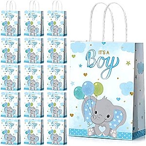 Zonon 16 Packs Baby Shower Present Bags Baby Shower Elephant Party Bags Baby Goodie Bags Elephant Themed Party Favors Bags with Handle for Kids Birthday Baby Shower Party Supplies (Boy Style)