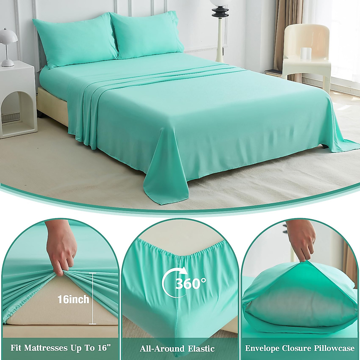4 Piece Full Sheet Set - Super Soft Breathable Cooling Bed Sheets King Size 16 Inch Extra Deep Pocket, Hotel Luxury Bedding & Pillowcases, Wrinkle Free Oeko-Tex - Aqua