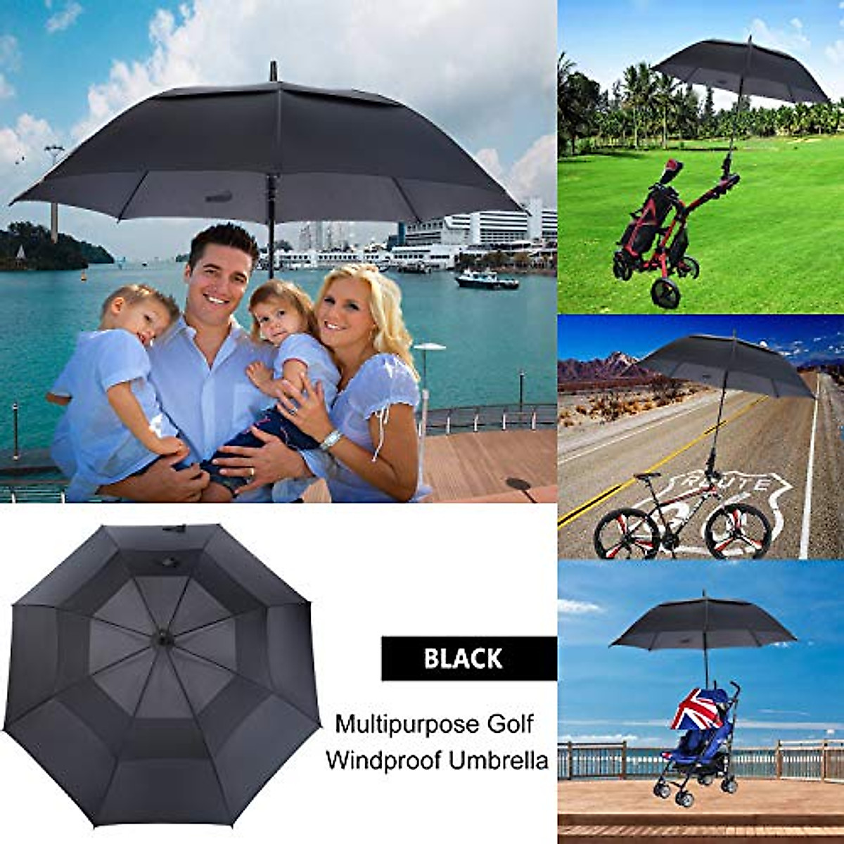 MRTLLOA 62/68/72 Inch Automatic Open Black Golf Umbrella, Extra Large Oversize Double Canopy Vented Windproof Waterproof Stick Umbrellas for Rain(62 Inch)