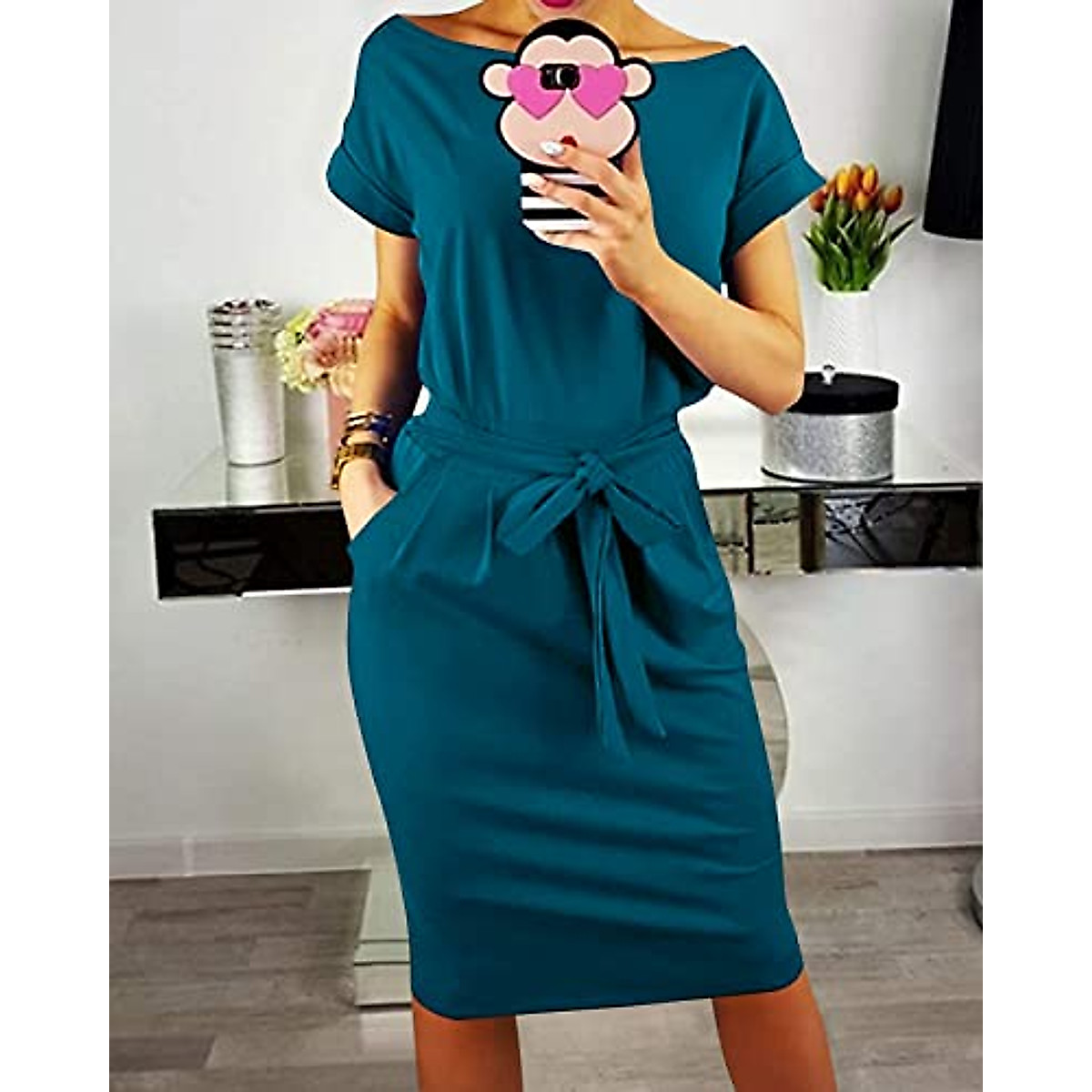 PRETTYGARDEN Women's Summer Short Sleeve Crewneck Striped Dress Basic Solid Tie Waist Office T Shirt Dresses Pockets Dark Green