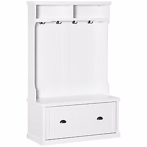 HOMCOM Entryway Bench with Coat Rack, 4 Double Hooks and 2 Compartments, Hall Tree with Bench and Shoe Storage for Hallway, Living Room, Black