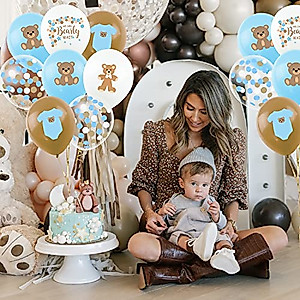 45Pcs Blue Bear Baby Shower Party Balloons, 12" Latex Printed We Can Bearly Wait Brown Creamy Bear Balloon Decor for It's A Boy Gender Reveal Kid Birthday Wedding Photo Prop Party Decorations Supplies
