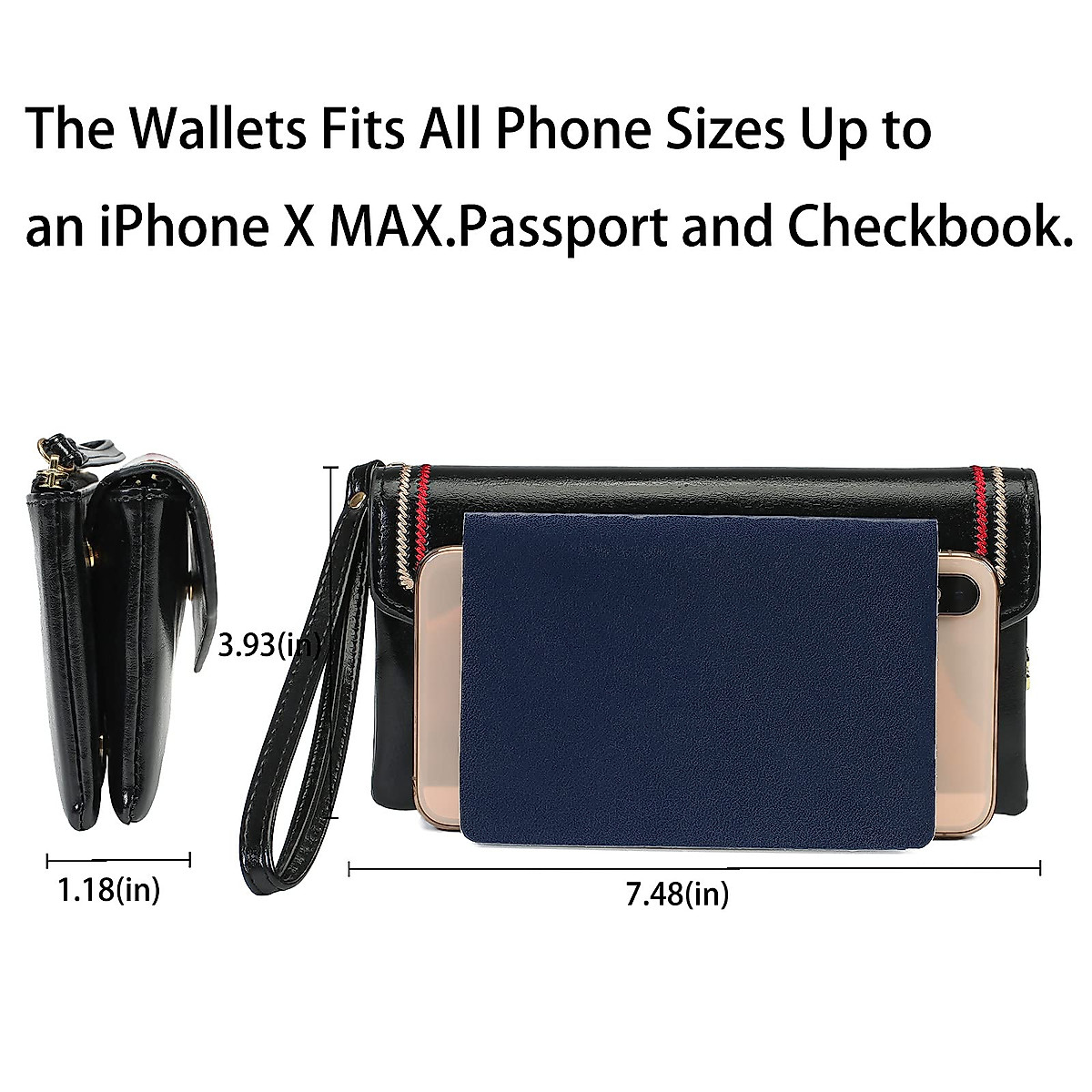 ENYISDAN Detachable Wristlet Wallets for Women 2-in-1 Long Purse Clutch Embroidery Leather Zip Black