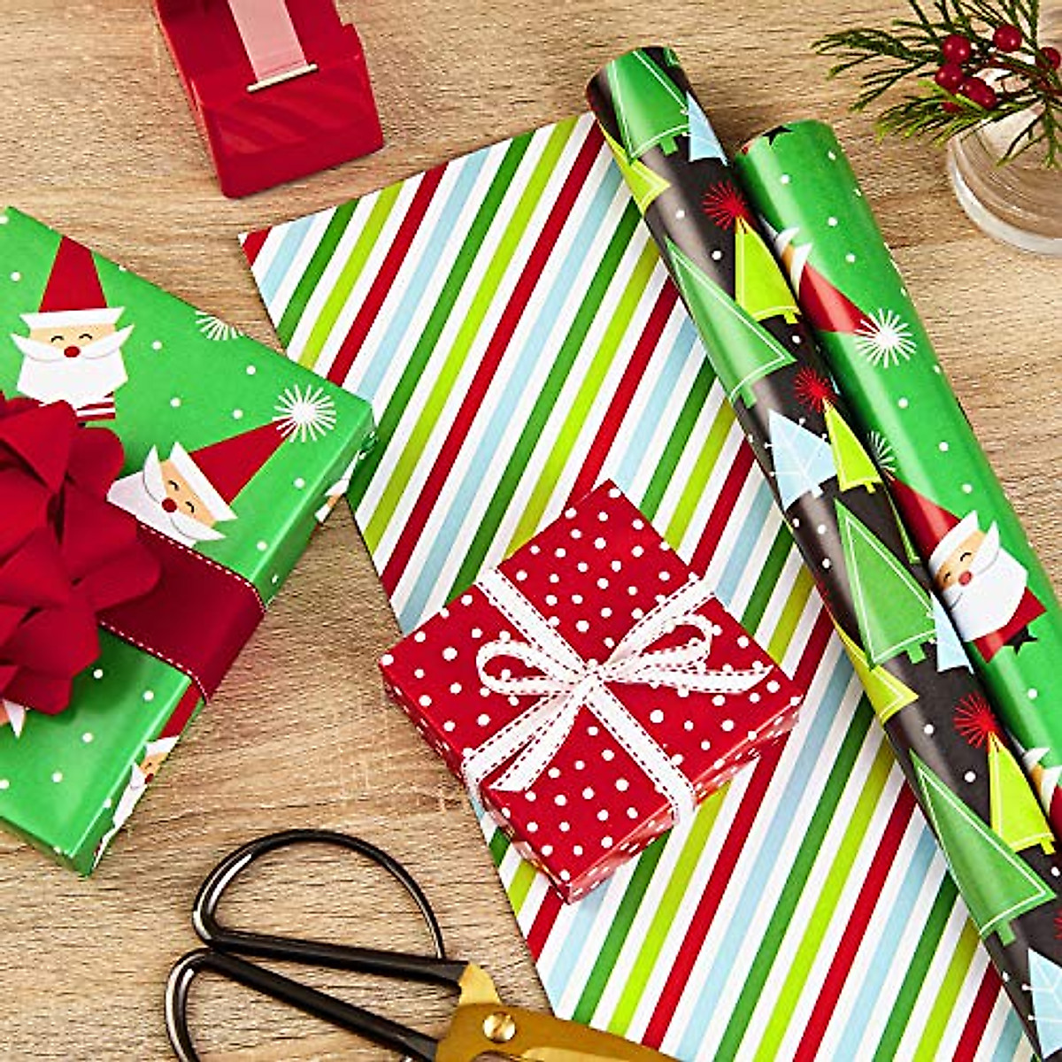 Hallmark Reversible Christmas Wrapping Paper (2 Rolls, 60 sq. ft. ttl) Modern Santa, Retro Christmas Trees, Stripes