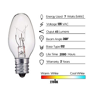 WokHok 7 Watt Night Light Bulb and Salt Lamps Replacement Bulbs,C7/7 Watt/120 V/45 Lumen,E12 Candelabra Base Clear Glass Incandescent Bulbs,12 Pack