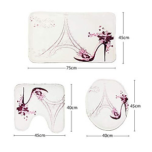 Amagical Paris Eiffel Tower Decor 16 Piece Bathroom Mat Rug Set Shower Curtain Set High Heeled Shoes and Pink Flower in Paris Pattern Bath Mat + Contour Mat + Toilet Cover + Shower Curtain + 12 Hooks