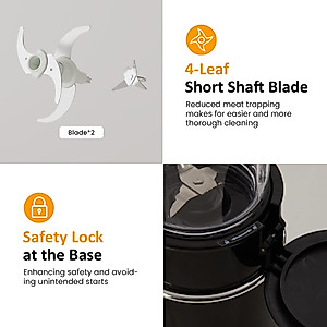 Sunvivi Electric Food Chopper, 4 in 1 Small Food Processor for Grinding Meat, Peeling Garlic & Juicing, 2 Speed Blender and Food Grinder Combo with 1.5L Glass Bowl & 2 Cups (0.4L+0.2L), Black