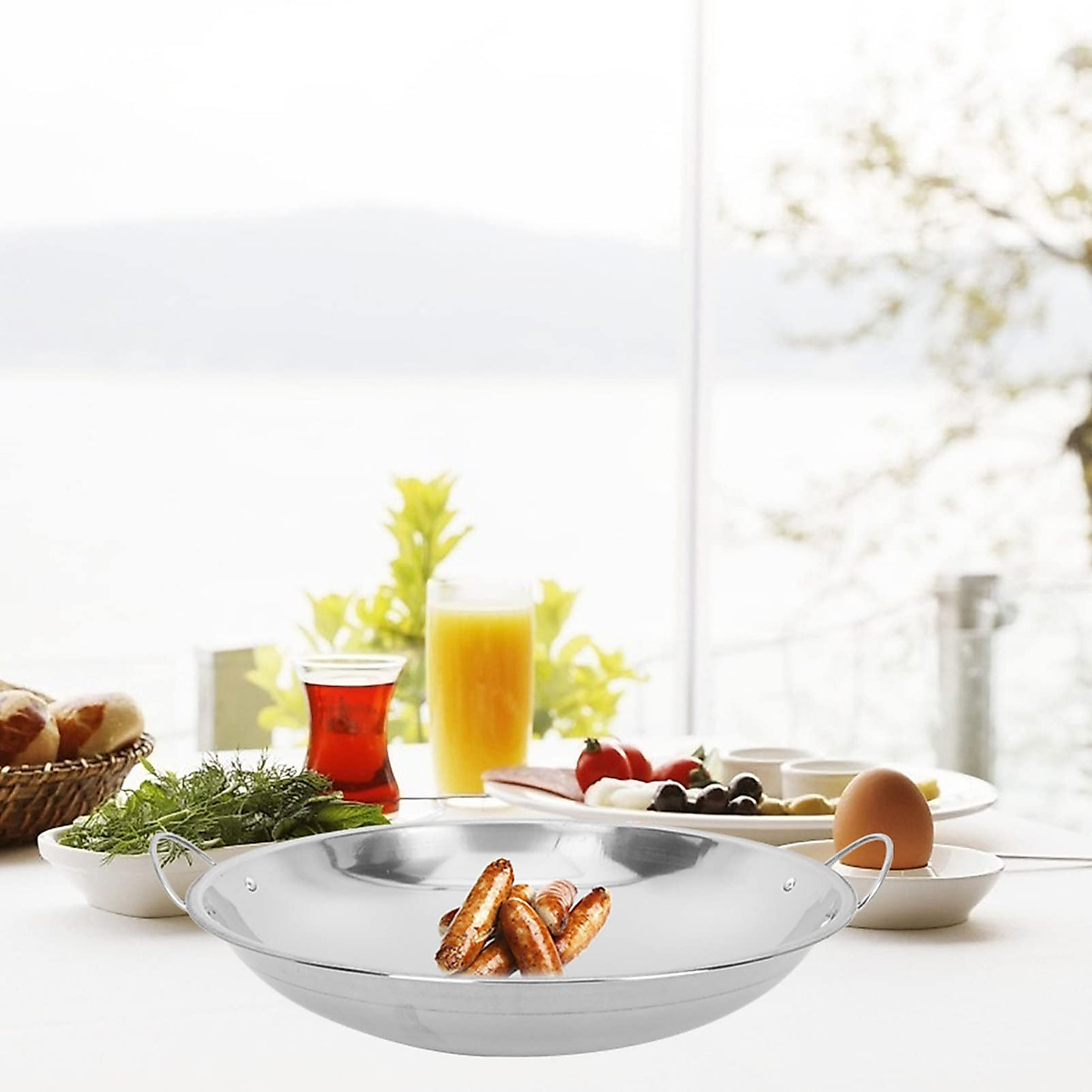 YARDWE Spanish Paella Pan Stainless Steel Everyday Pan with Double Ear Metal Frying Pan Korean Food Ramen Noodle Pot Non Stick Skillet Kitchen Stockpot Peking Wok Kitchen Gadgets 26. 5cm Wok Pan