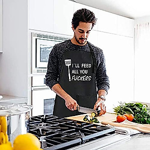 ZOORON I'll Feed All You - Funny Black Chef Aprons for Men Adjustable BBQ Kitchen Cooking Aprons with Pocket Waterproof Oil Proof Father’s Day/Birthday