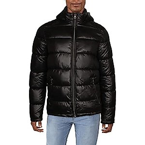 GUESS mens Midweight Puffer Jacket Down Alternative Coat, Black, Large US