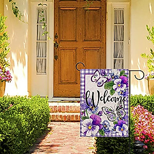 Hzppyz Welcome Summer Pansy Butterfly Garden Flag Double Sided, Purple Buffalo Plaid Check Decorative Yard Outdoor Small Decor, Spring Farmhouse Home Outside Decorations 12 x 18