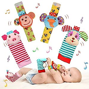 SSK Soft Baby Wrist Rattle Foot Finder Socks Set,Cotton and Plush Stuffed Infant Toys,Birthday Holiday Birth Present for Newborn Boy Girl 0/3/4/6/7/8/9/12/18 Months Kids Toddler,4 Cute Animals