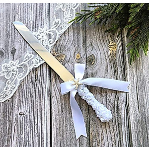 Abbie Home Wedding Cake Knife and Server Set - Flower Wrapped Handle with Silk Bow and Rhinestone Jewelry Décor (Starfish)