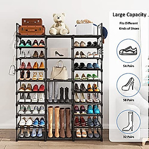 Plzlove 10 Tiers Shoe Rack Organizer for Closet & Entryway, Tall Metal Shoe Shelf Storage 54-62 Pairs, Extra Large Shoe Stand Black Stackable Boot Rack for Garage, Bedroom, Cloakroom with Hooks