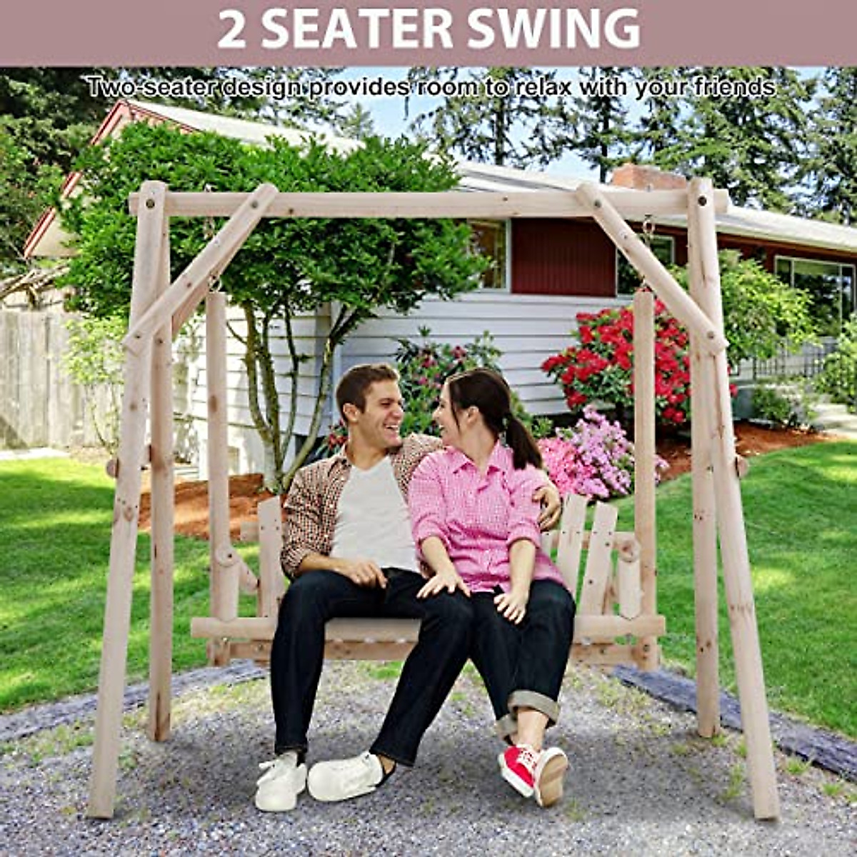 Outdoor Wooden Porch Swing 67 Inch Log Swing with Stand, A-Frame Yard Swing Set Patio Furniture Modern 2 Person Swing Sturdy Garden Bench Swing Rustic Curved Back Swing Chair for Adults
