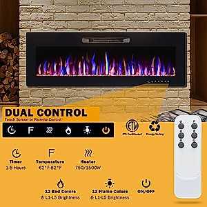 BETELNUT 50" Electric Fireplace Wall Mounted and Recessed w/144 Combination Colors & 5 Brightness,750/1500W Fireplace Heater w/Timer,Low Noise,Remote Control & Touch Screen,Log Set & Crystal Option