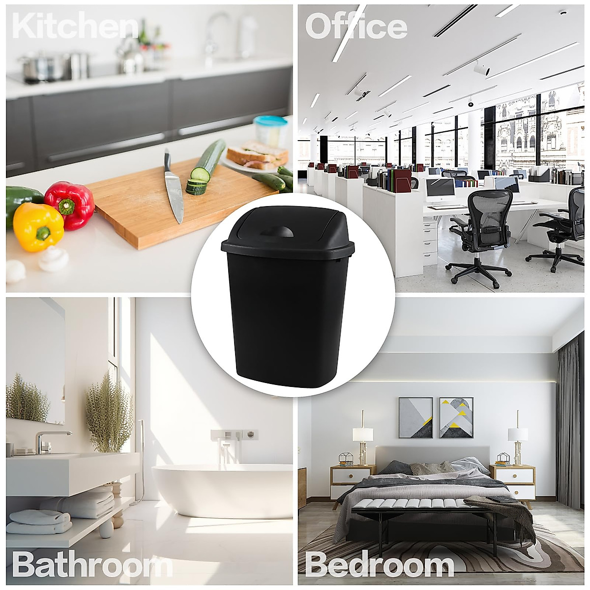 Nesmilers 25 Liter Plastic Swing-Top Trash Can, 4-Pack Swing Lid Waste Can, Black