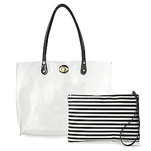 PVC Clear Womens Tote With Striped Zipper Clutch Weekender Shoulder Handbag (Black&White Stripes) Medium