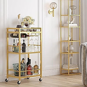TUTOTAK Bar Cart, Home Bar Serving Cart with 3-Tier Mirrored Shelf, Microwave Cart, Drink Cart, Mobile Kitchen Shelf with Wine Rack, Rolling Beverage Cart, Gold BC01BB033