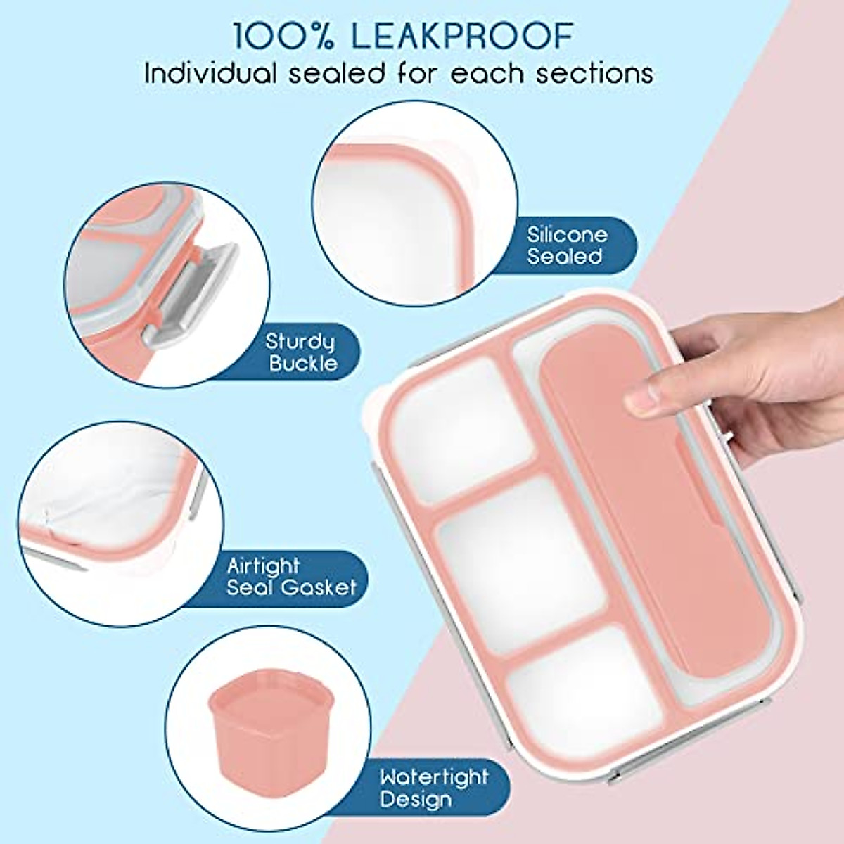 Zekloca Bento Box, 1300ML 4 Compartment Lunch Box Kids, Leak-Proof Design, Microwave/Dishwasher/Freezer Safe, BPA Free, Pink