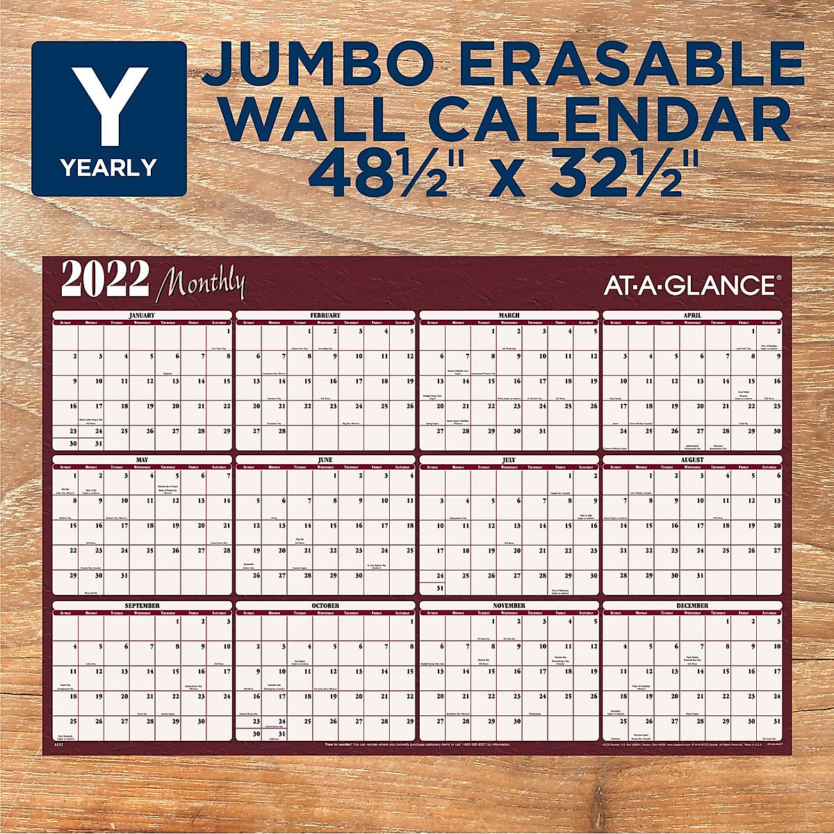 2022 Erasable Calendar, Dry Erase Wall Planner by AT-A-GLANCE, 48" x 32", Jumbo, Horizontal, Reversible, Red (A152)