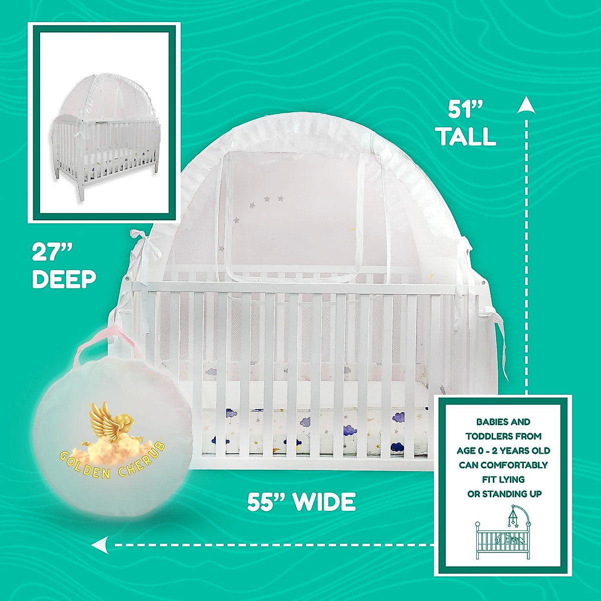 Golden Cherub Baby Crib Tent Toddler Bed Canopy Mosquito Net Baby Tent, Pop up Nursery Net, Playpen Protection Safety from Mosquito, White