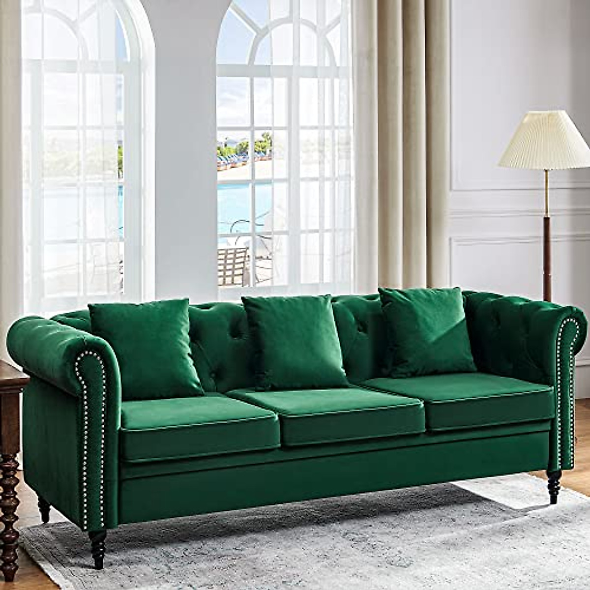kinmars Chesterfield Sofa Velvet,3 Seater Couch Furniture,Couches for Living Room with Deep Button Tufting,Large Sofa with Rolled Arms (Green)