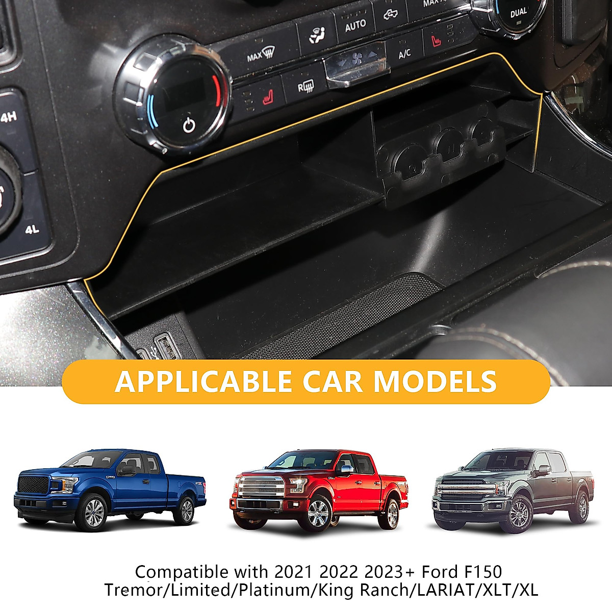 RERPRO Center Console Organizer Tray Compatible with 2021 2022 2023 2024 2025 Ford F150 Interior Accessories Insert Storage with Coin Holder Box Under Dash OEM Secondary Console Vault Bin