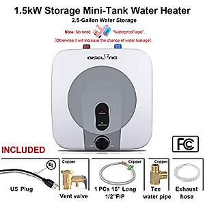 110V-120V 1.5Kw Electric Tank Hot 2.5 Gallon Water Heater Storage，Small Under Sink Counter RV TR Endless Trailer Kitchen Compact Point-of-Use,1 PCs 16” Long 1/2”FIP Stainless Steel Water Hoses 9.5L