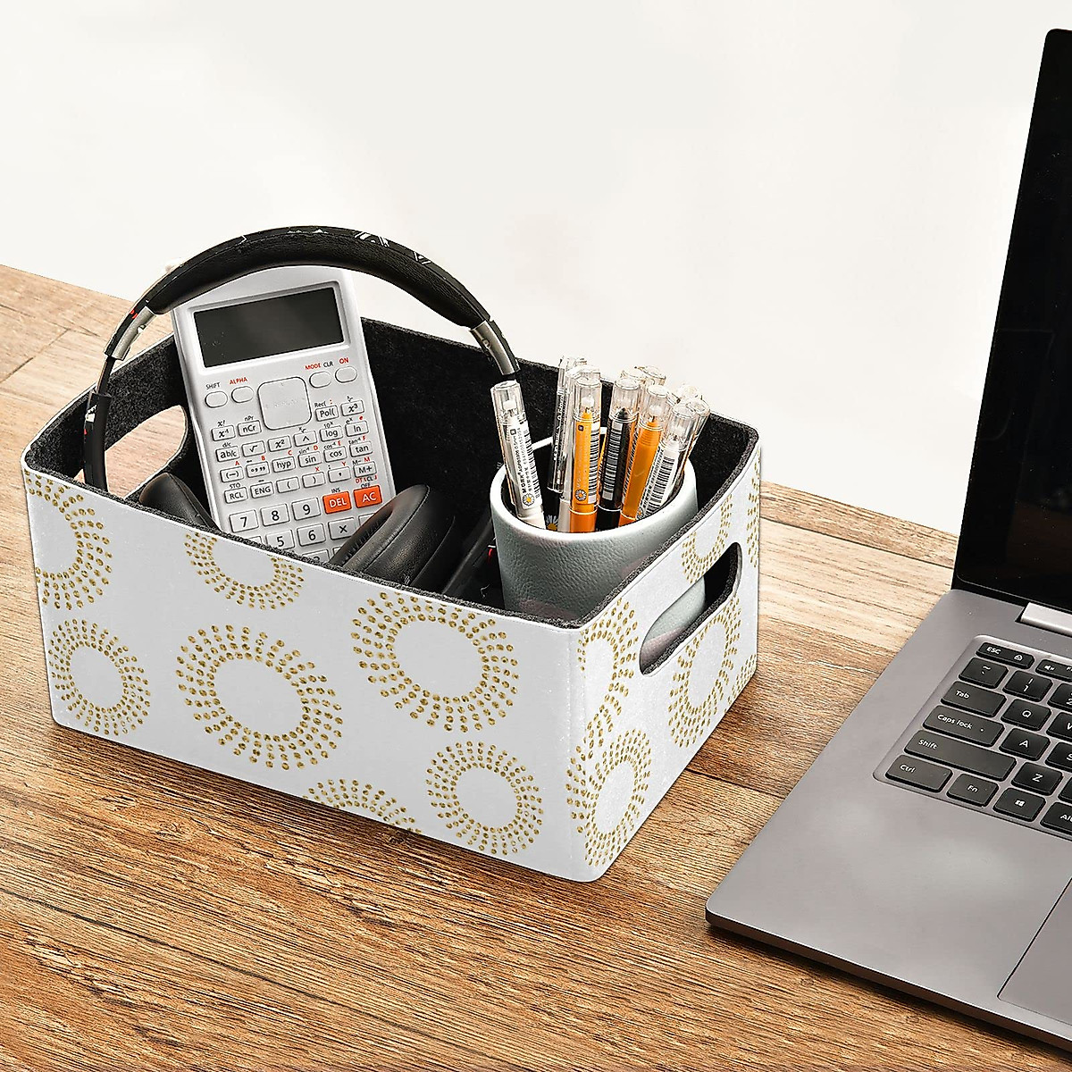 Emelivor Abstract Gold Circle Storage Basket Bins Set (2pcs) Felt Collapsible Storage Bins with Handles Foldable Shelf Drawers Organizers Bins for Organizer, Closet, Shelves, Office