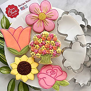 Ann Clark Cookie Cutters 5-Piece Summer Flowers Cookie Cutter Set with Recipe Booklet, Rose, Sunflower, Tulip, Flower Bouquet