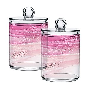 BOENLE 2 Pack Qtip Holder Dispenser Marble Pink Rose Gold Bathroom Storage Canister Lid Acrylic Plastic Apothecary Jar Set Vanity Makeup Organizer for Cotton Swab/Ball/Pad/Floss