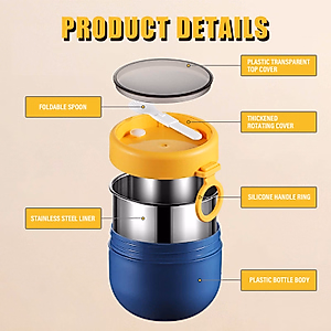 2 Pcs Overnight Oats Containers with Lids and Spoon, 20oz Portable Stainless Steel Inside Overnight Oats Jars Insulated Food Jar, Leak-proof Large Capacity Cups for Milk, Cereal, Soup (White and Blue)