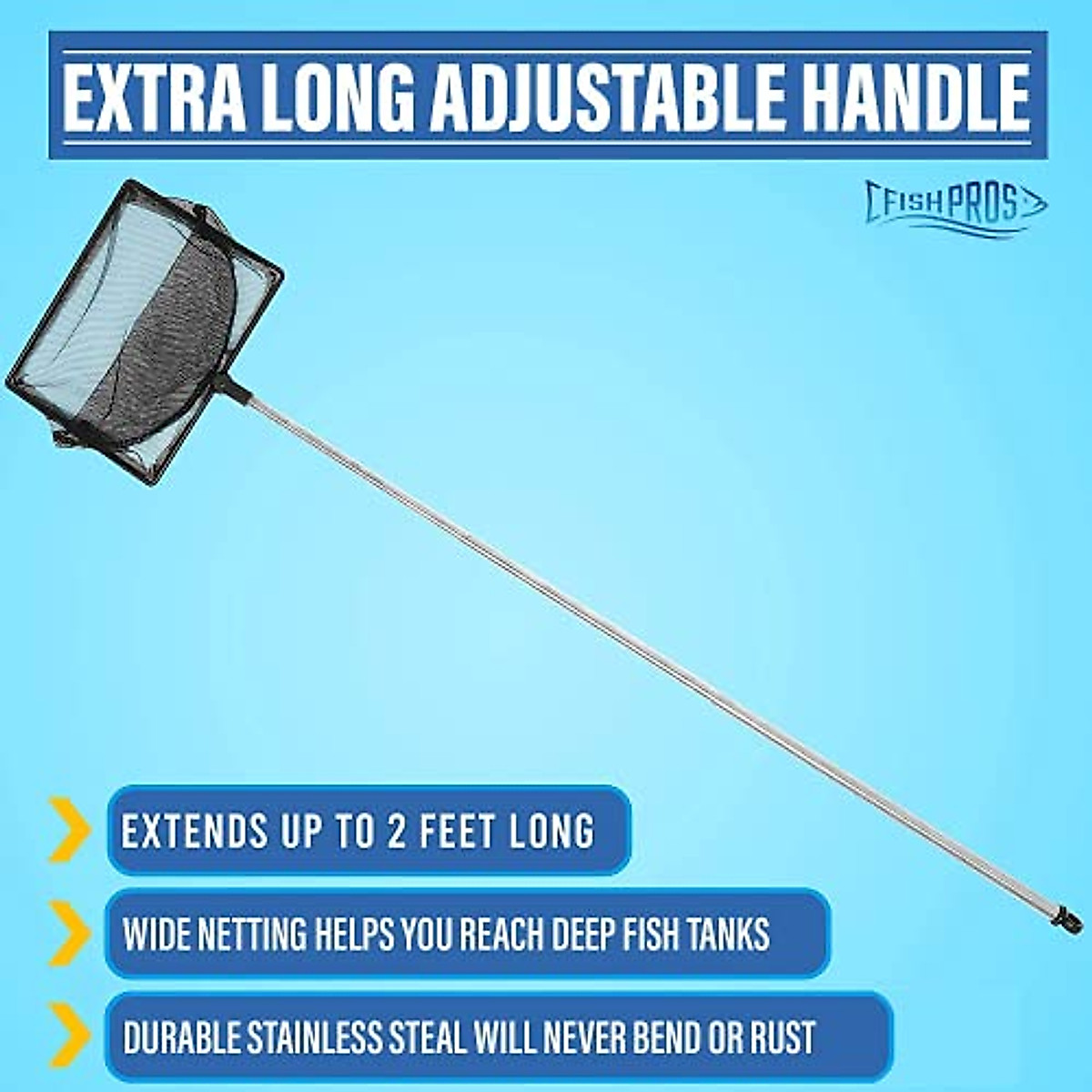 FISH PROS Fine Mesh Fish Tank Net with Long Handle – Aquarium Fish Net with Extendable 24-inch Long Handle – Fish Tank Aquarium Accessories